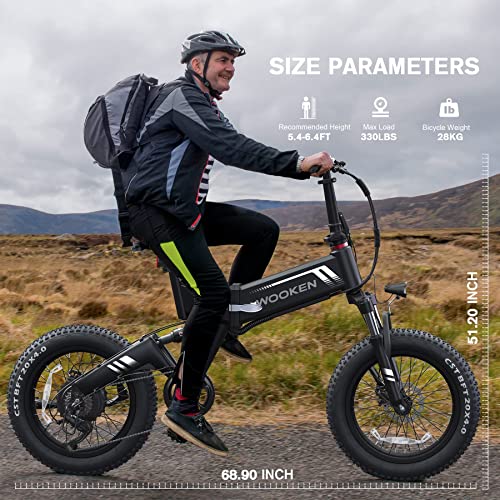 Wooken Electric Bike, 20'' Fat Tire for Adults, 500W Folding with 48V 10Ah Battery, Shimano 7 Speed Gears, Dual Shock Absorber, 20MPH Ebike Commute Mountain Beach Snow.