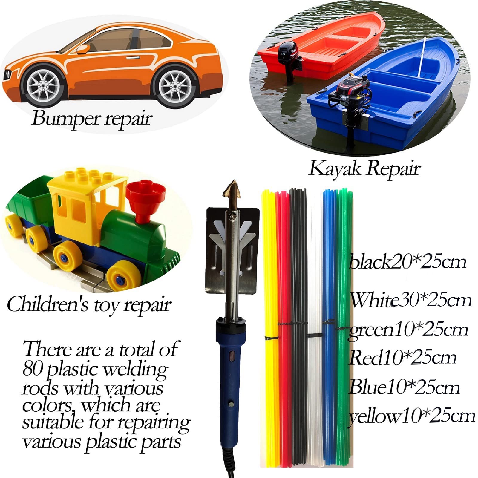 Plastic Repair Welding Kit, with 80W Iron, 90 Plastic Rods, 1 Metal Brush,1 Metal Stand,Reinforcing Mesh, 2 Welder Tips,for Car Bumper,Dashboard,Canoe,Kayak Repair Kit,Plastic Welder Kit for DIY