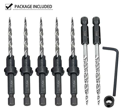 Saipe 5pcs Wood Countersink Drill Bit Set with 2pcs Counter Sinker Replacement Tapered Drill Bit All Same Size 11/64" Quick Change Hex Shank Screw Drill Counter Sink Bit for Drilling Pilot Hole