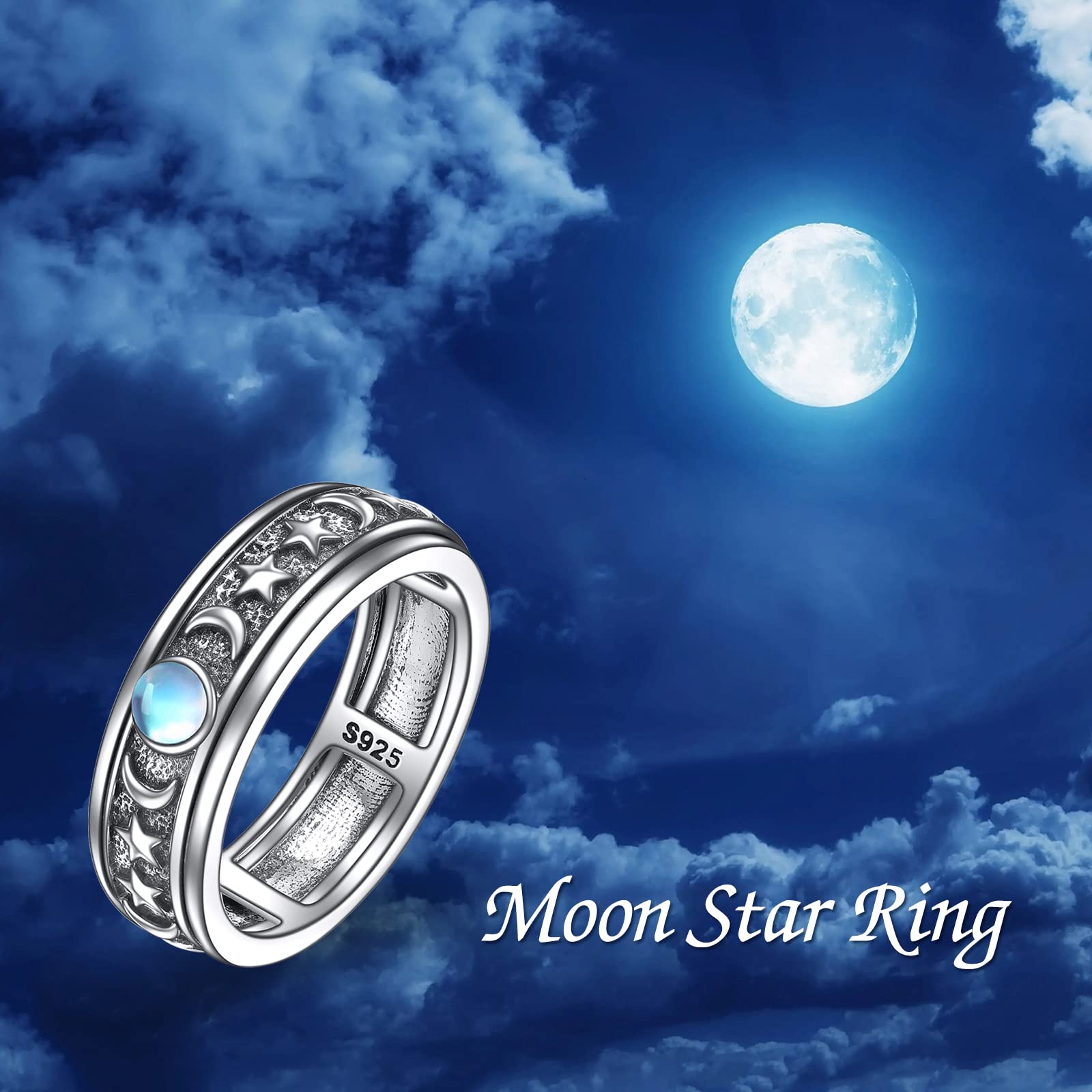 POPLYKE Sterling Silver Anxiety Spinner Rings Moonstone Moon And Star Ring Rotatable Mood Rings for Women Relieve Stress Gift(9 Size)