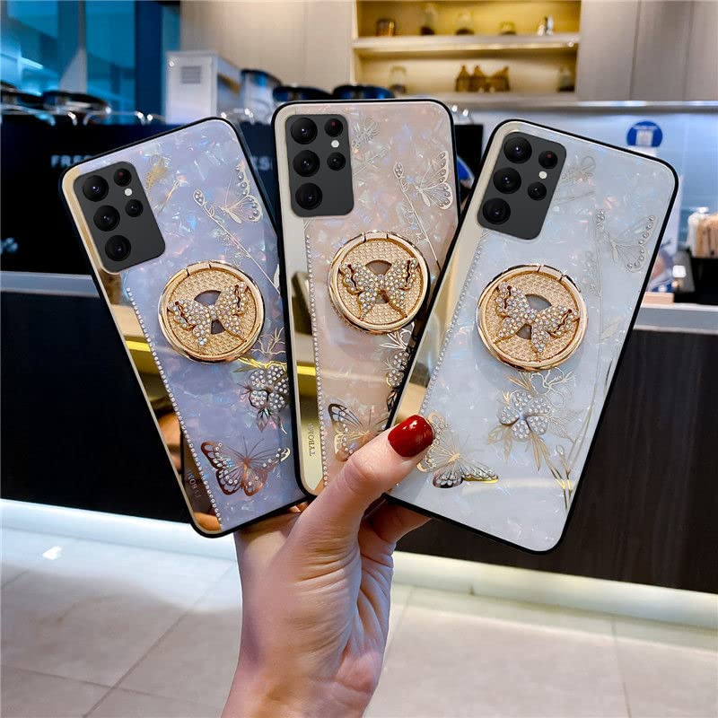 Topwin Kickstand Case, Cute Marble Conch Shell Floral Butterfly with Ring Stand Elegant Shockproof Protective Cover for Girls Women for Samsung Galaxy S22 Plus (Rose Gold)