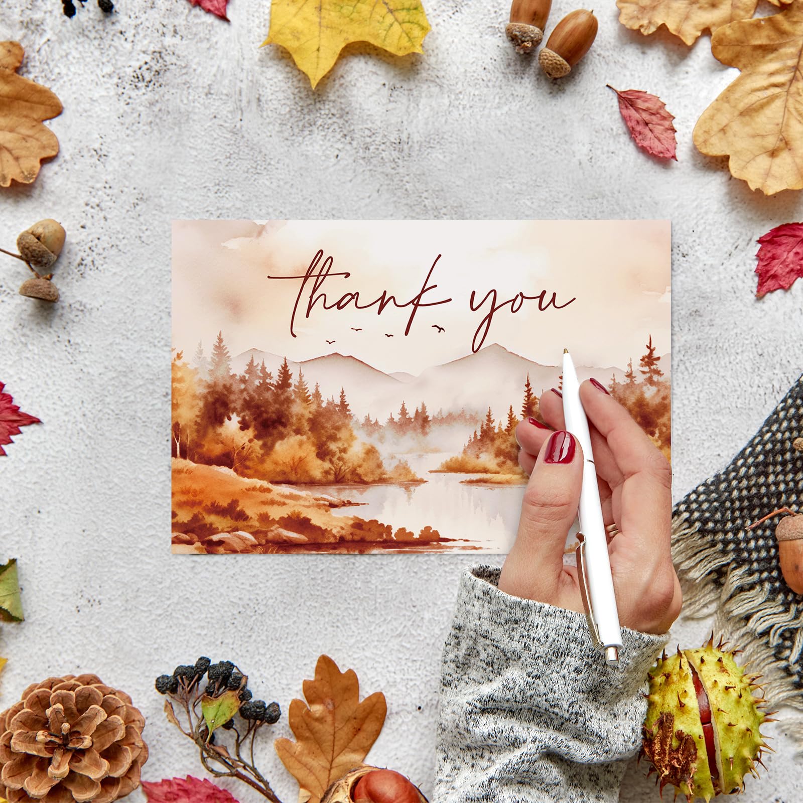 Whaline 48 Pack Fall Thank You Card Watercolor Forest Mountain Landscape Greeting Cards with Envelope Sticker Blank Note Cards for Autumn Thanksgiving Wedding, 4 x 6Inch