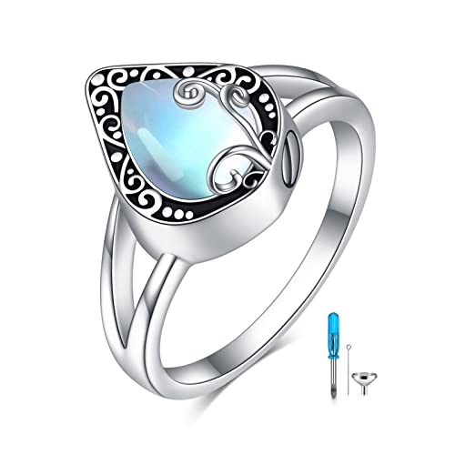 POPLYKE Urn Ring for Ashes Sterling Silver Moonstone Filigree Cremation jewelry Rings For Ashes Of Loved Ones Memorial Keepsake(6 Size)
