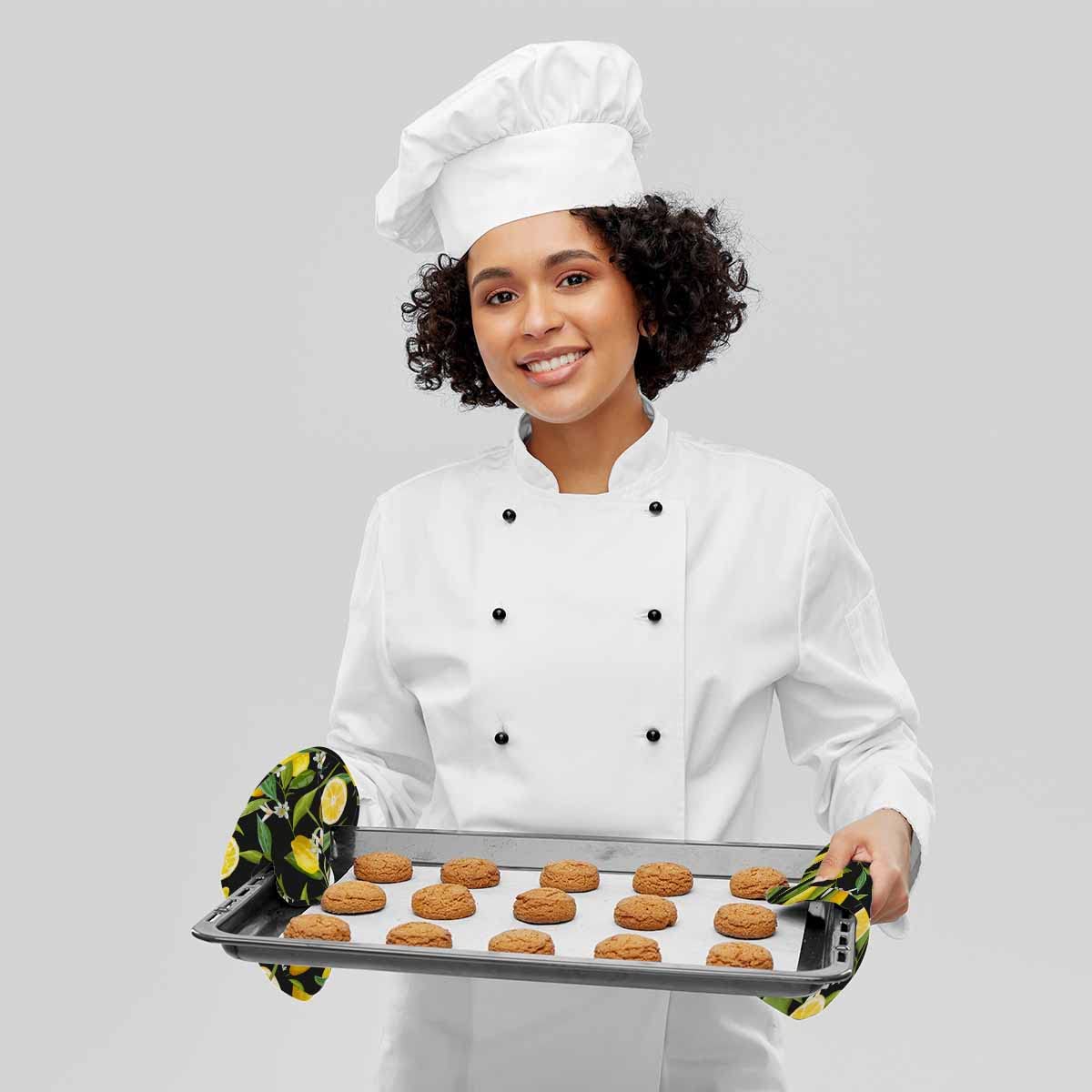 Mxocom Lemon Fruits Silicone Oven Mitts and Pot Holders Sets Flowers Leaves Lemons BBQ Gloves for Kitchen,Cooking,Baking,Grilling
