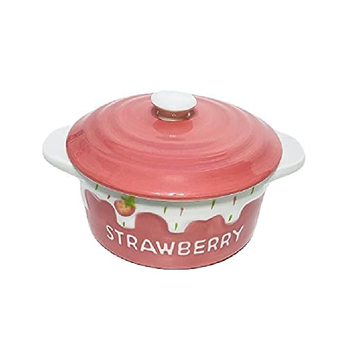 LELAKAYA Cute Strawberry Enameled Porcelain Bowl With Handle, Fruit Salad, Dessert, Rice, Cereal, Noodle, Breakfast Bowl WIth Lid, Household Tableware 6.18"X3.35"