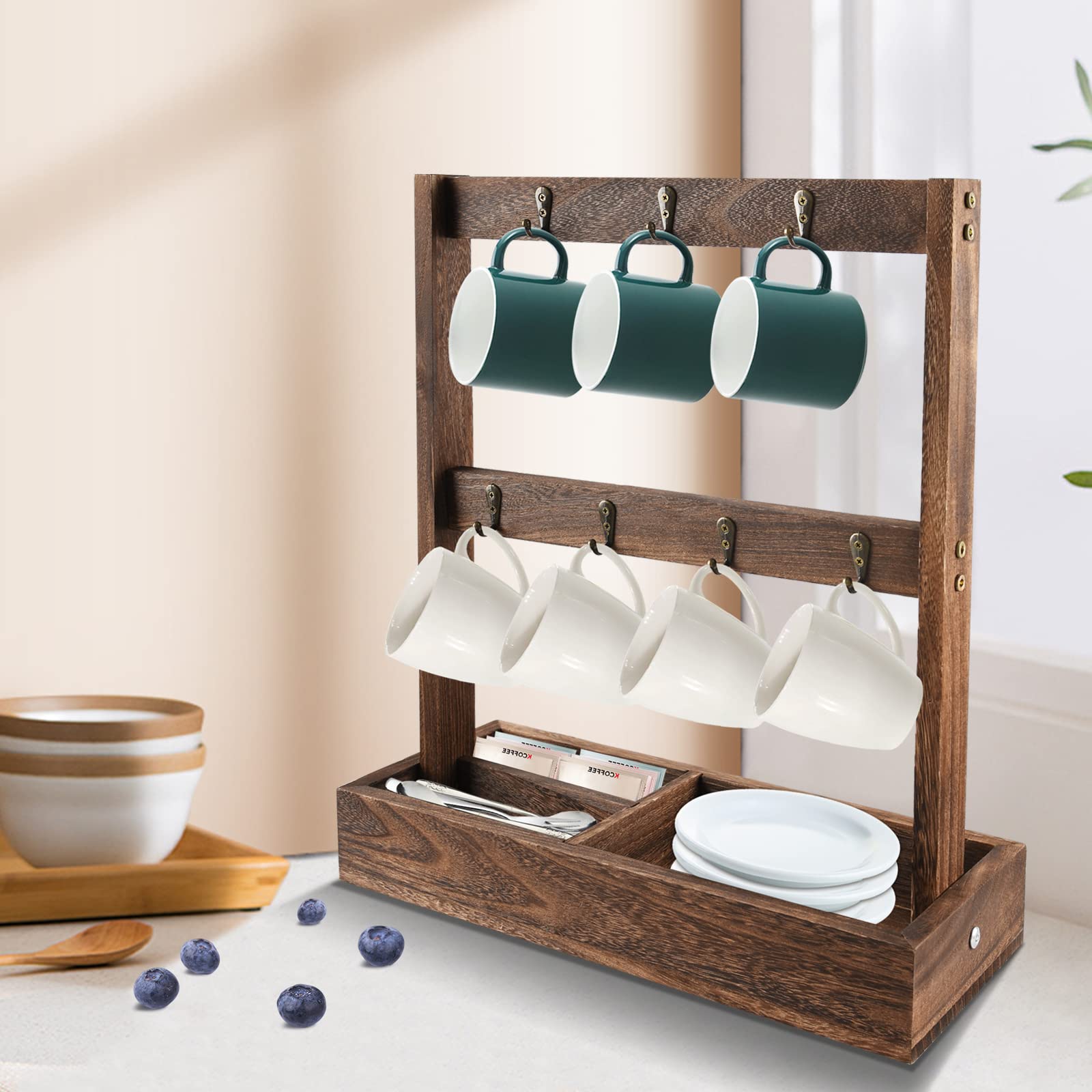 OHCCYML Rustic Coffee Mug Holder, 2 Tier Wood Coffee Cup Holder with Double Sided Hooks for 14 Mugs, Coffee Mug Organizer Stand Rack for Countertop, Display, Kitchen