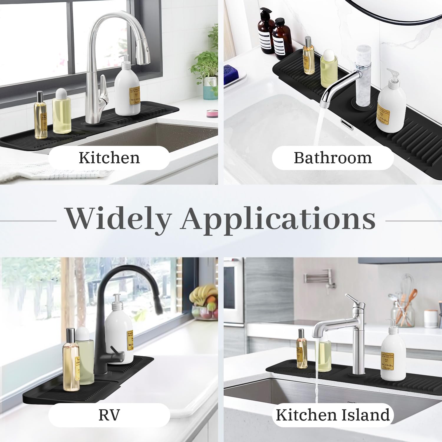 PoYang 24 inch Silicone Draining Mat for Kitchen Sink Splash Guard Behind Faucet, Splash Guard for Kitchen Sink Area Longer Faucet Draining Mat, Sink Protectors for Kitchen Sink Splatter Screen, Black