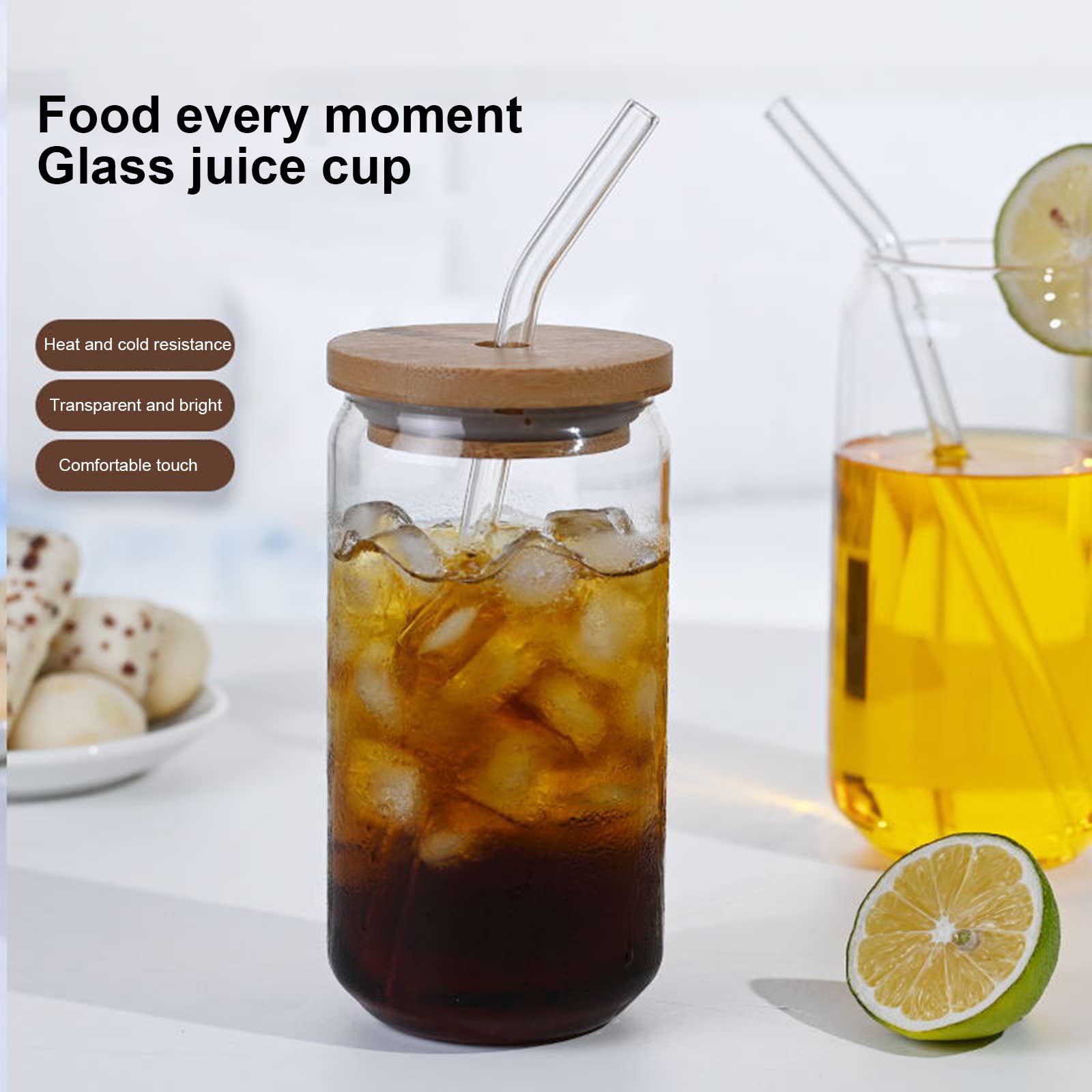 Ochine Drinking Glasses with Bamboo Lids and Glass Straw, Beer Can Glass Cup Iced Coffee Drinking Jars Tumbler Cup Reusable Old Fashioned Glasses Cup for Cocktail, Whiskey, Smoothies, Tea, Juice, etc