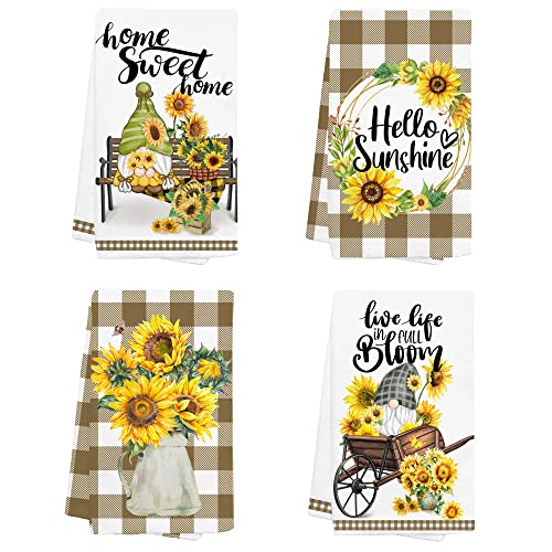 pinata Sunflower Kitchen Towels Set of 4-Gnome Bee Sunflower Dish Towels-Hello Sunshine Seasonal Tea Towels-Cute Home Sweet Home Hand Towels-Housewarming Gifts Sunflower Kitchen Decor for New Home