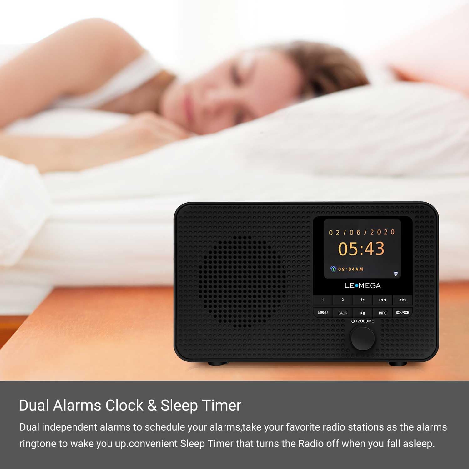 LEMEGA IR1 Portable WiFi Internet Radio,FM Digital Radio,Bluetooth Speaker,Dual Alarms Clock,Sleep Snooze Timer,40 Presets, Headphone-Output,Colour Display,Batteries or Mains Powered β Black Finish