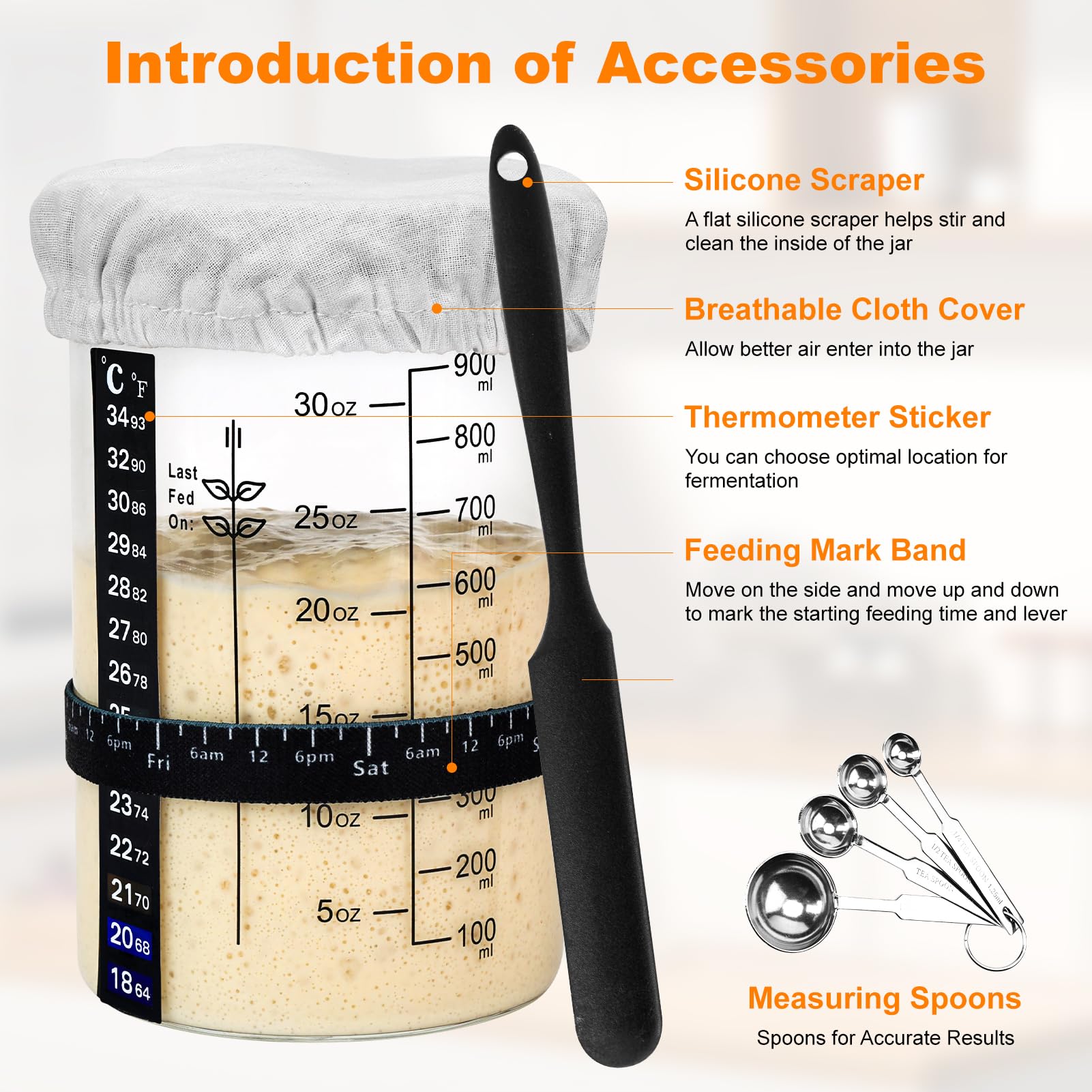 Sourdough Starter Jar 2PACK | Wide Mouth 35oz with Ounce&ML Scale line,Date Marked Feeding Band,Thermometer,Sourdough Jar Scraper,Cloth Cover & Stainless Steel Lid,Measuring Spoons,Complete Kit