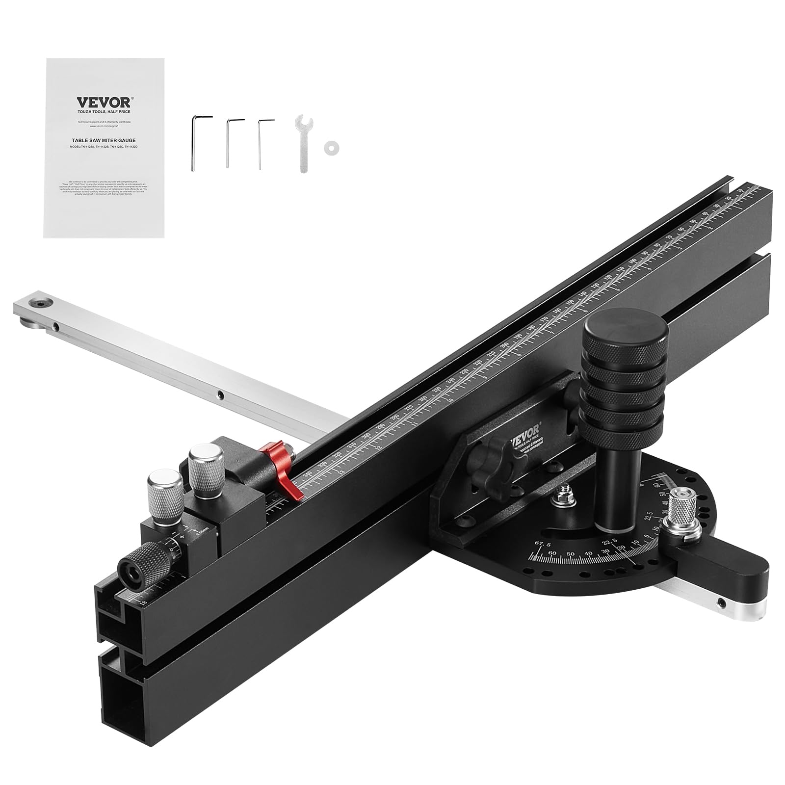 VEVOR Precision Miter Gauge, Standard Slot 3/4'' x 3/8'', Aluminum Alloy Table Saw Miter Gauge with 18 in Grating 15 Angle Stops Adjustable Spring Loaded Plunger and Removable Disc, for Woodworking