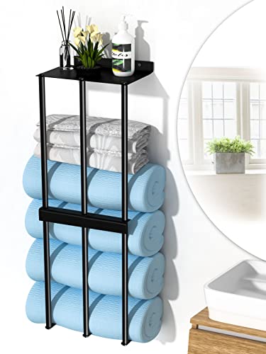 Towel Rack for Bathroom, New Upgrade 3 Bar Wall Towel Racks for Rolled Towels, Towel Storage with Metal Top Shelf, Wall Mounted Bathroom Organizer (Black)
