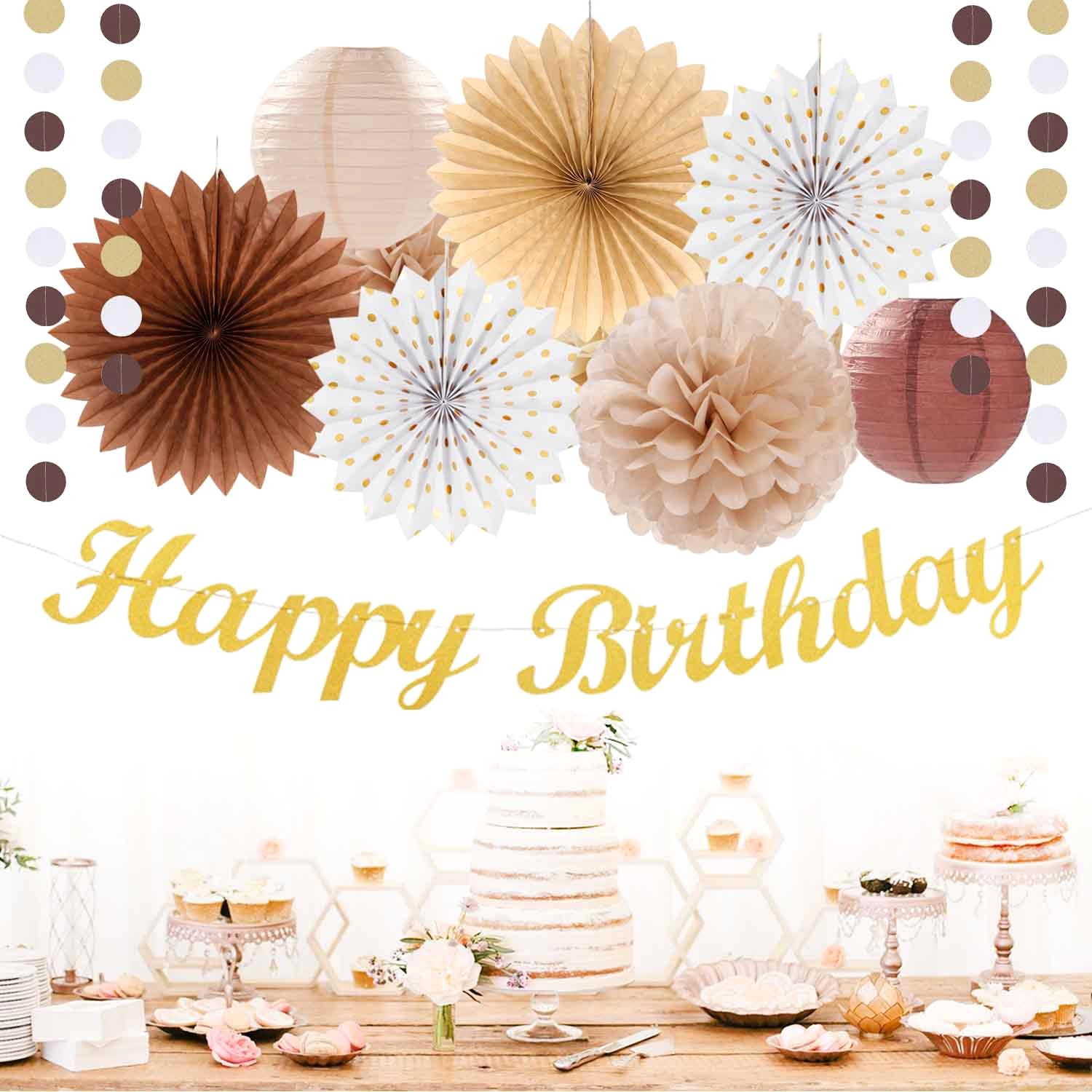 White-Brown Champagne-Gold Boho Birthday Party-Decorations - 21pcs Happy Banner,Beige Neutral Rustic Paper Lanterns Honeycomb, Hanging Streamers,Tissue Pom Poms Flower Fan,Fall Decor Supplies Huglony
