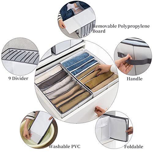 Vercord Washable Pants Drawer Organizer 9 Divider Foldable Clothes Organizer Wardrobe Storage Box Large 2 for Underwear Socks Jeans Grey