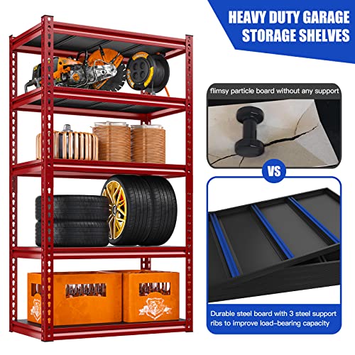 REIBII Garage Shelving Heavy Duty 72" Garage Storage Shelves 5 Tier Adjustable Heavy Duty Shelving 1750LBS Metal Storage Shelving Unit for Basement Garage Storage Rack 72"H x 16.8"D x 31.8"W Red Black