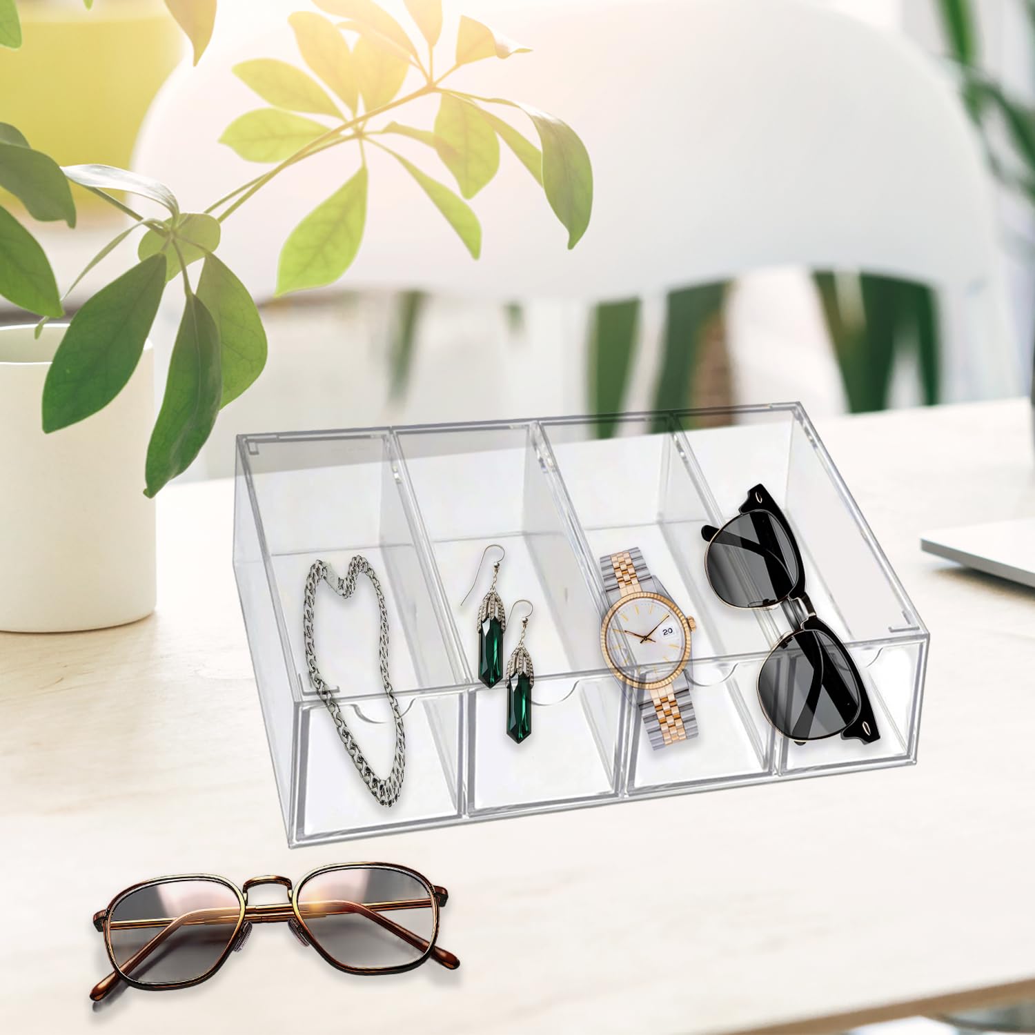 Premium Acrylic Sunglasses Organizer - Stylish Display For Your Sunglasses Collection, Transparent And Multifunctional Eyeglass Organizer Storage with 4 Boxes