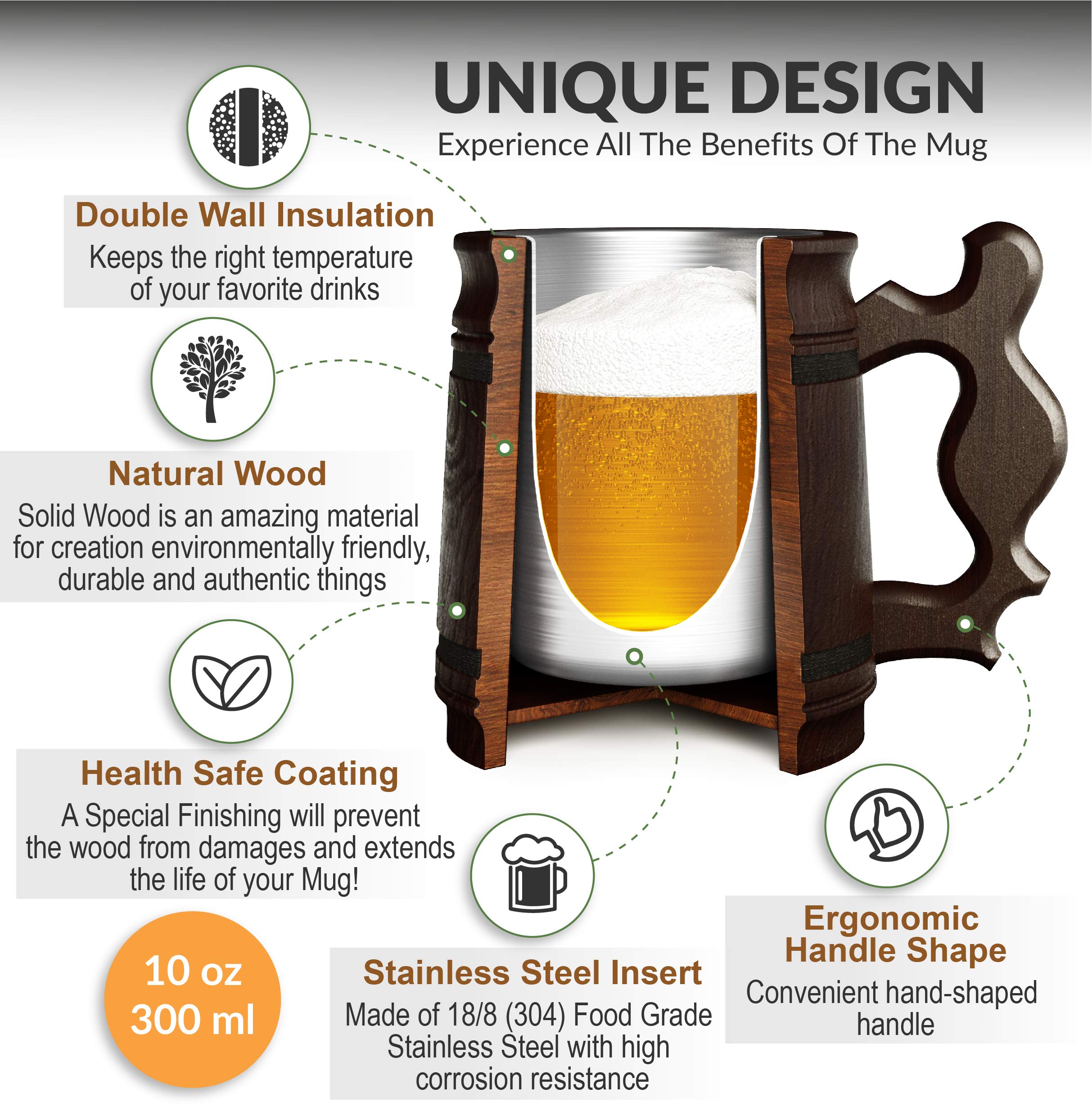 MyFancyCraft Gifts for Men Handmade Beer Mug Oak Wood Stainless Steel Cup Box Natural 0.3L 10oz Classic Brown