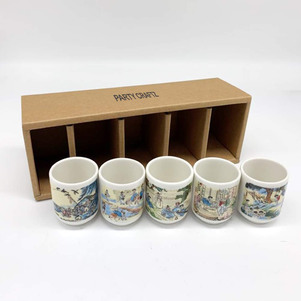 PARTYCRAFTZ Korean Soju Shot Glass Set β 5 Piece Ceramic Pottery Cup for Whiskey Sake Vodka Alcohol Liquor w/Korea Traditional Illustration Paintings Gift Party Decoration Display Drinking Glasses