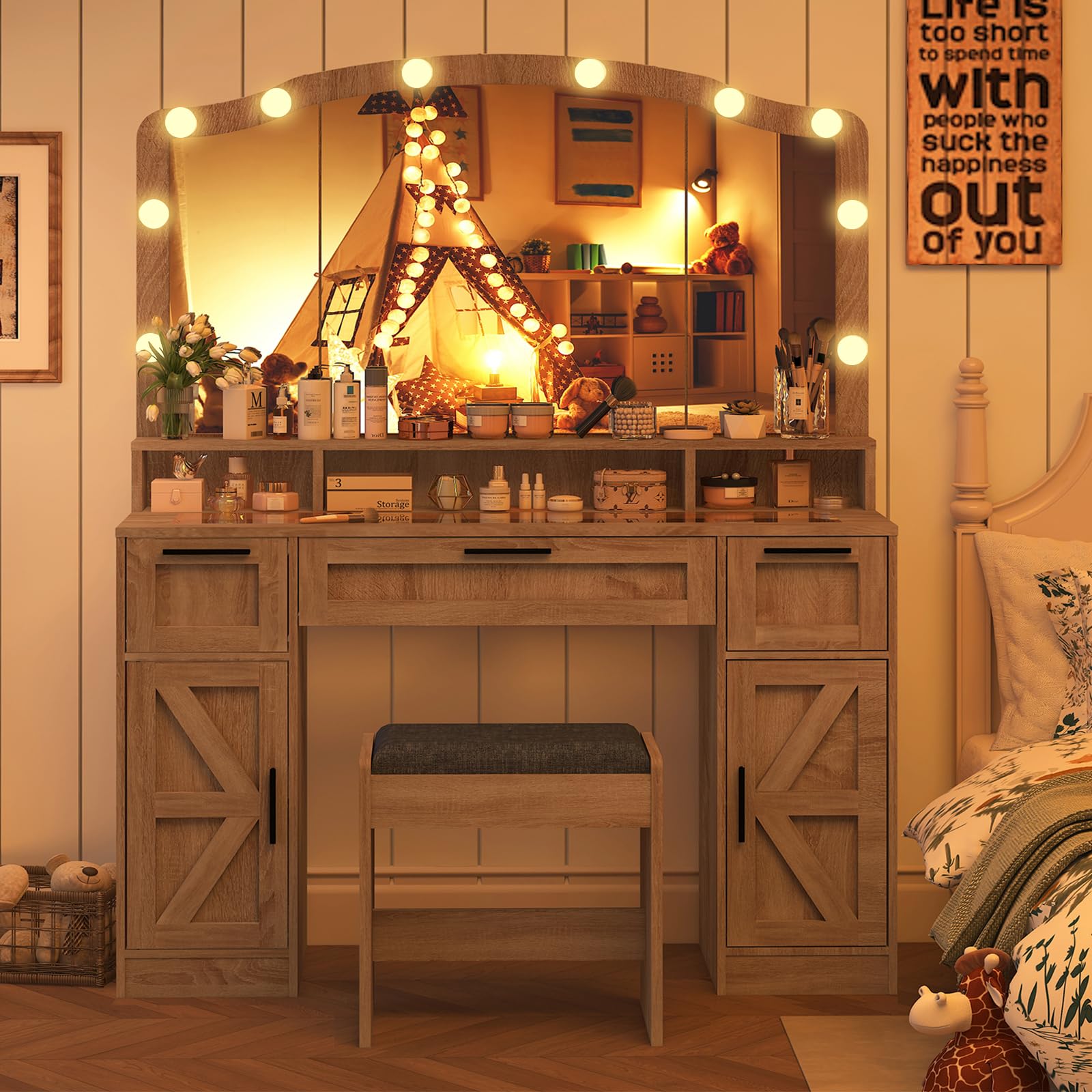 usikey Farmhouse Vanity Desk with Large Lighted Mirror and 10 Lights, 43.3" Glass Tabletop Makeup Vanity with 3 Drawers, Large Vanity Tabel Set with Long Storage Shelf, 2 Cabinets and Stool, Maple