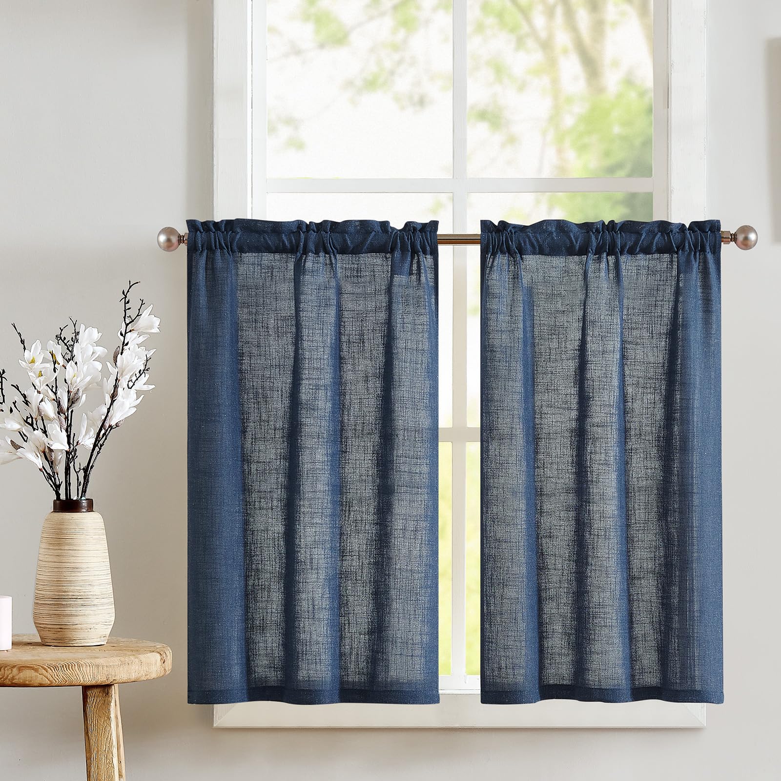 jinchan Kitchen Curtains Linen Small Kitchen Curtains Rod Pocket Kitchen Door Curtains Light Filtering Modern Tier Curtains for Window Treatments Coffee Curtains 2 Panels 24 Inch Length Indigo Blue