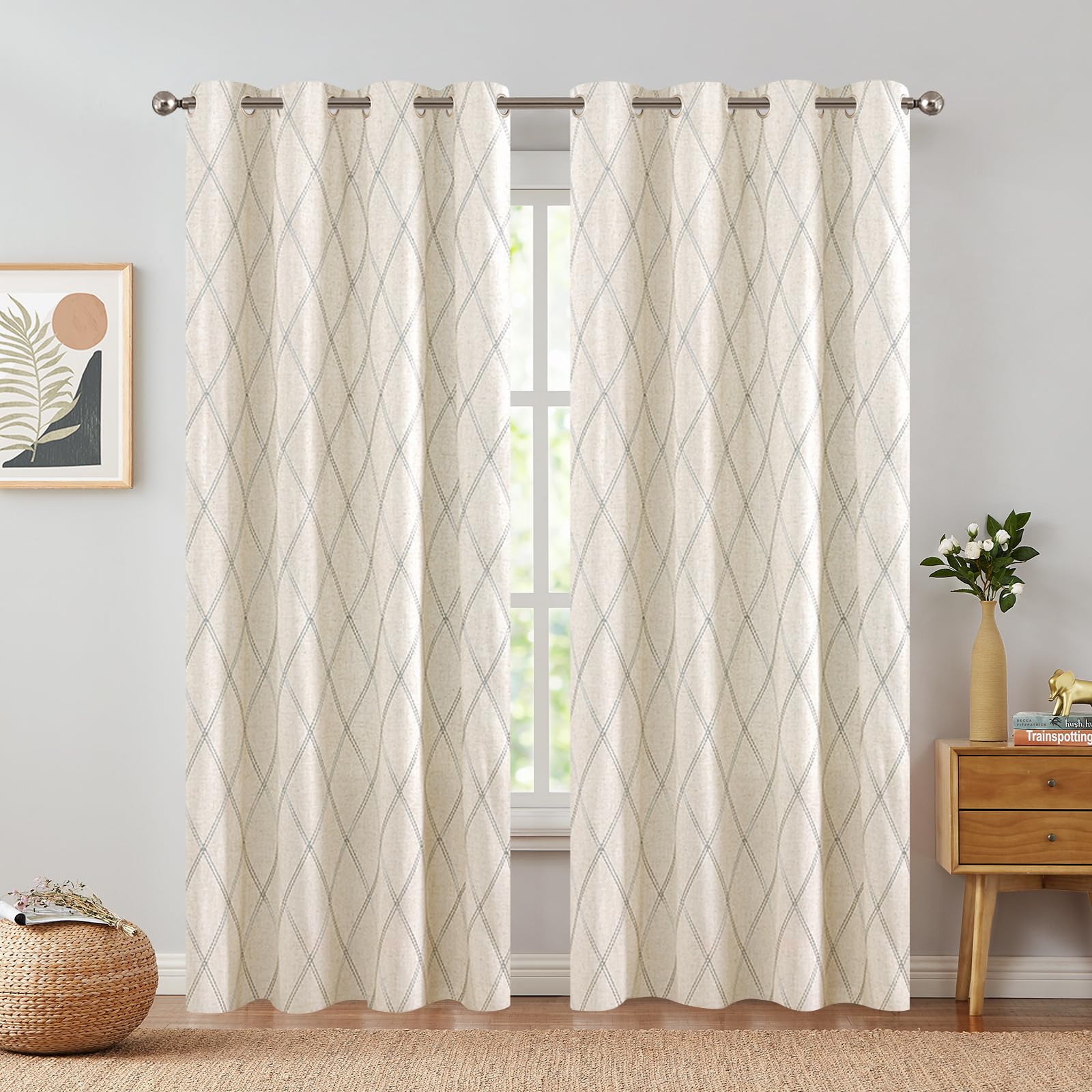 jinchan Linen Curtains for Living Room Grey Diamond Embroidered Curtains Geometric Patterned Window Drapes Flax Window Treatment Set for Bedroom Grommet Curtains 84 Inches Long 2 Panels