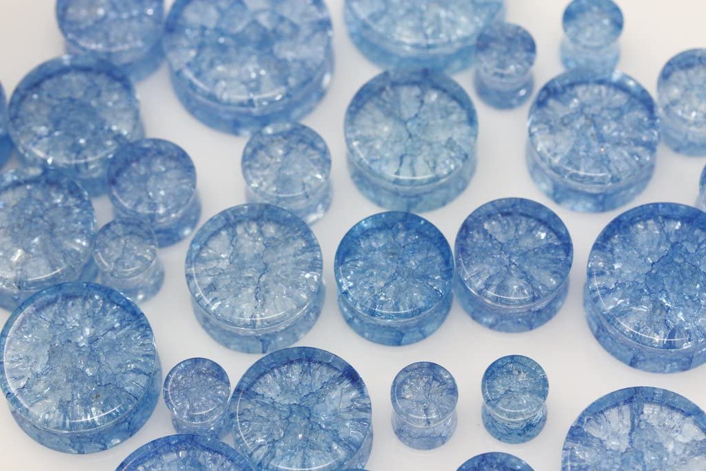Pair 9/16" (14MM) BLUE SHATTERED GLASS PLUGS Double Flare Gauges Cracked Organic Tunnels (2pcs)