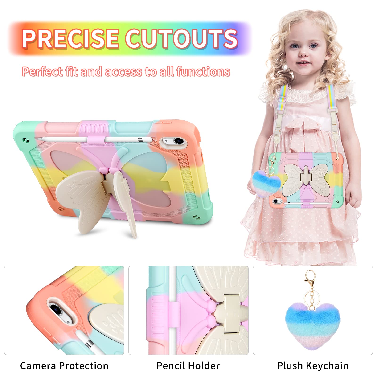 WESADN for iPad 10th Generation Case 2022 with Kickstand Lanyard Keychain Pencil Holder Rugged Heavy Duty Case for Girls Kids Cute Protective Tablet Cover for iPad 10th Gen 10.9 inch 2022 Rose Gold