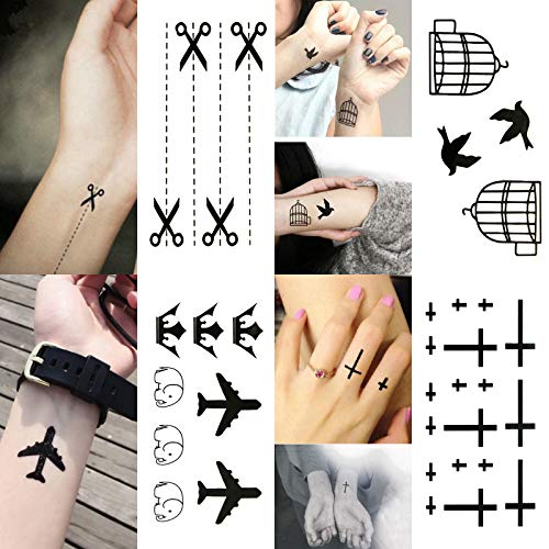 Oottati 30 Sheets Small Cute Temporary Tattoos Kit - Black Foot Print Camera Elephant Star Diamond Cross Bird Cat for Kids Women Men