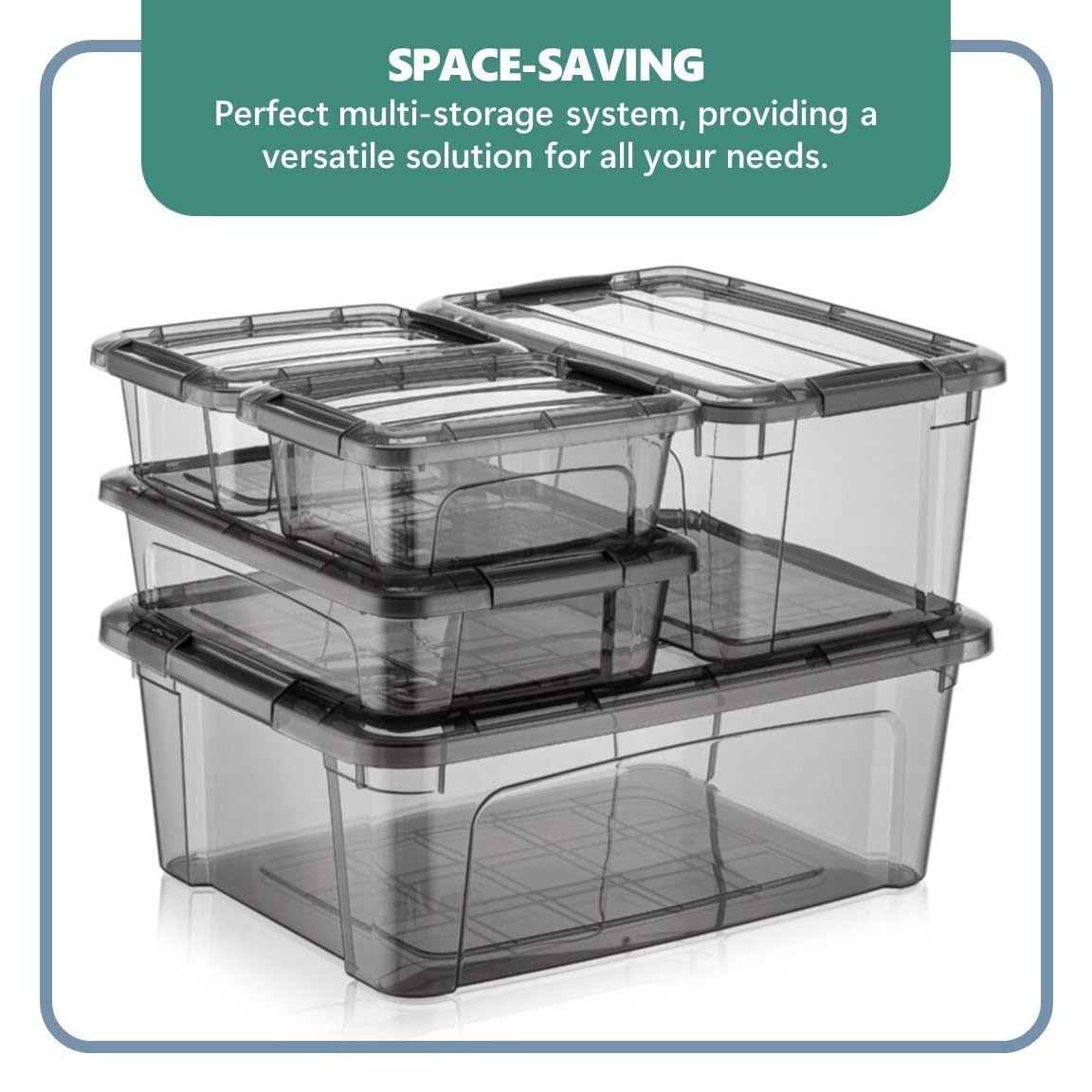 Tribello 6 Quart Storage Containers with Lids, Plastic Storage Bins with Latching Lids For Organizing - Tinted - (11.5β x 8β x 6β) - Set of 4 - Made in EU