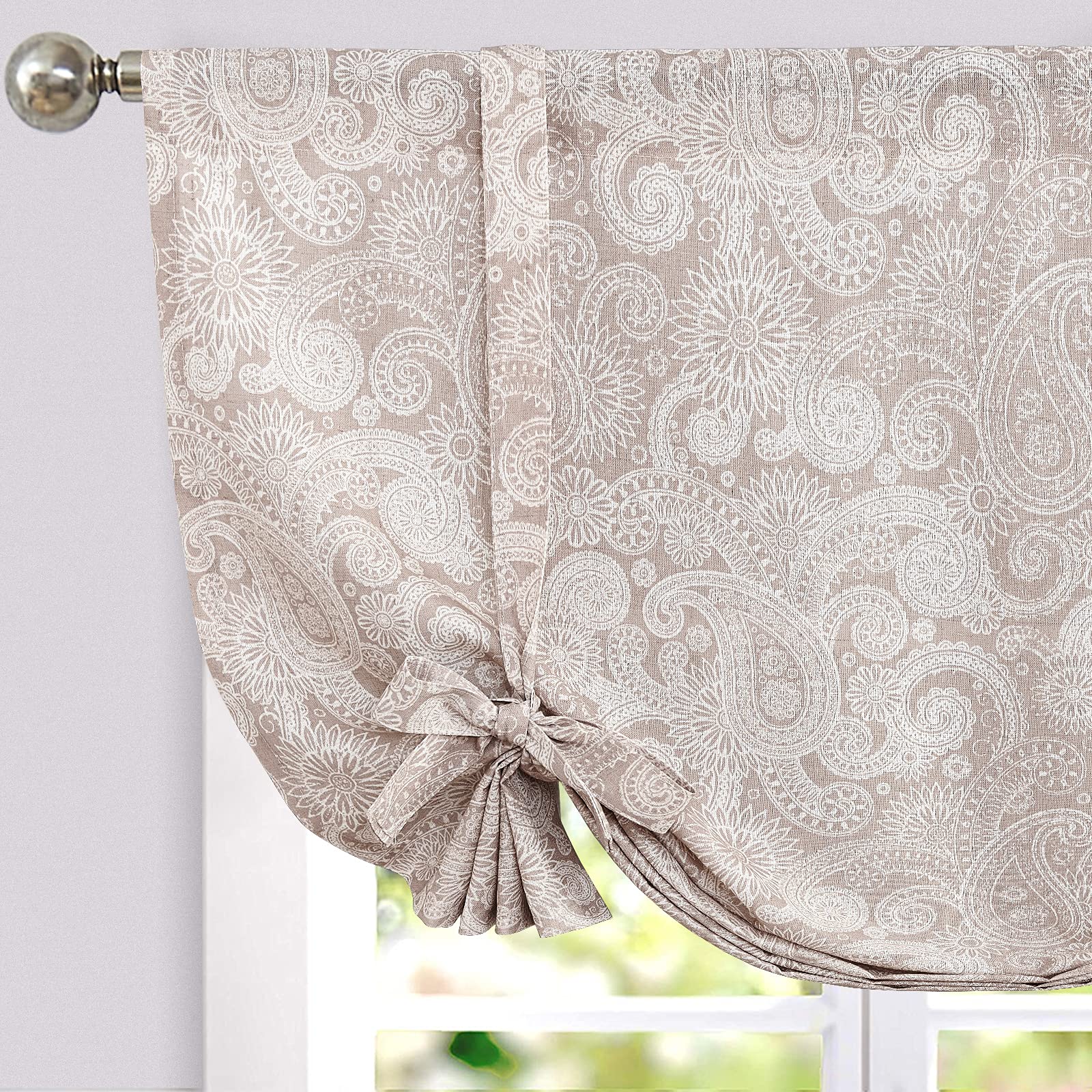 jinchan Tie Up Valance Flax Linen Textured Paisley Damask Printed Adjustable Tie-up Small Valances for Kitchen Living Room Windows Medallion Design 1 Panel Taupe on Beige 18 Inch Long