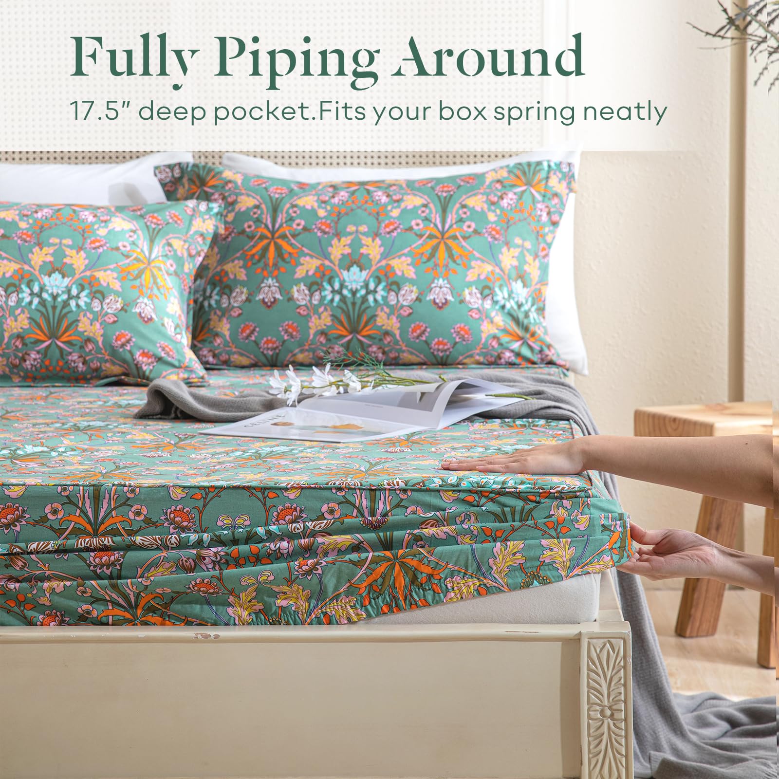 Lady Ann 100% Cotton Floral Sheets Full Size, Vibrant Paisley Flowers Printed on Green Pattern Sheets Full Size Bed Dorm Bedding Breathable Deep Pocket Preppy Bed Sheets 4PCS Set