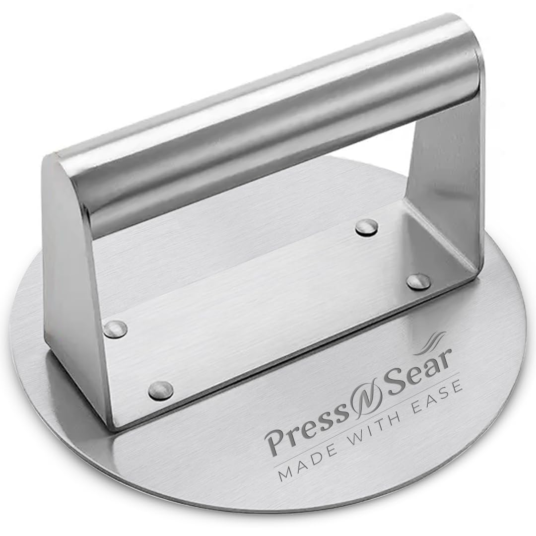 Press N Sear 6.2 Inch Heavy Duty Stainless Steel Smash Burger Press - Round Burger Smasher for Flat Top Grill, Professional Griddle Accessories Kit, Rust-Free and Easy to Clean.
