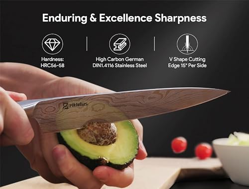 Piklohas Kitchen Knife Sets For Kitchen With Block, 14 Pieces With Magnetic Knife Holder, German High Carbon Stainless Steel Damascus Pattern Chef Knife Set With Sharpener, Steak Knives, Black