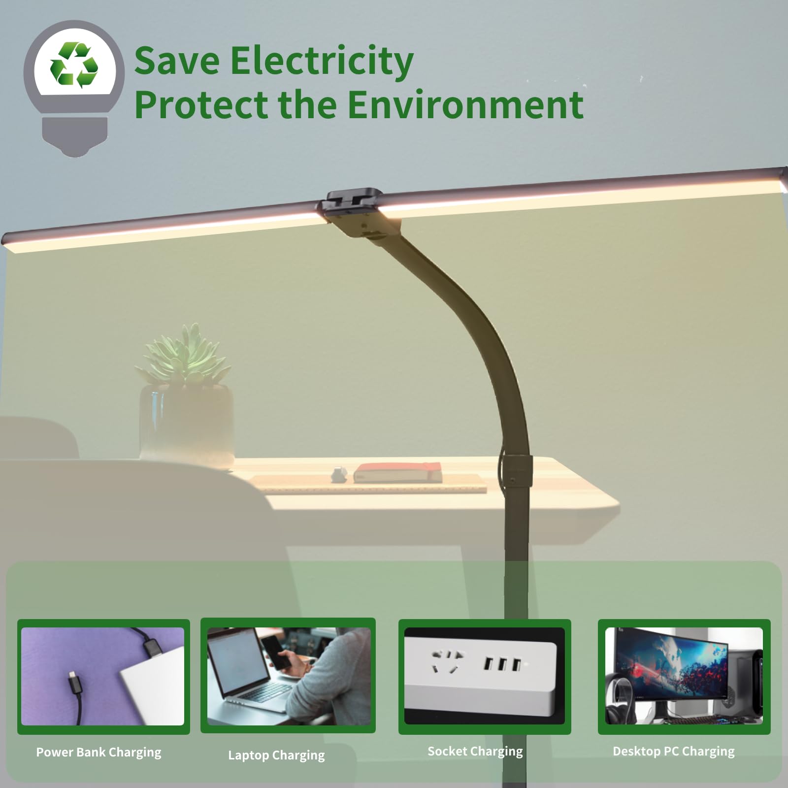 MYUANGO LED Desk Lamp for Home Office- 5 Color Temperatures and Stepless Dimming - Eye-Caring Table Lamp with Clamp- Flexible Gooseneck and Memory Function