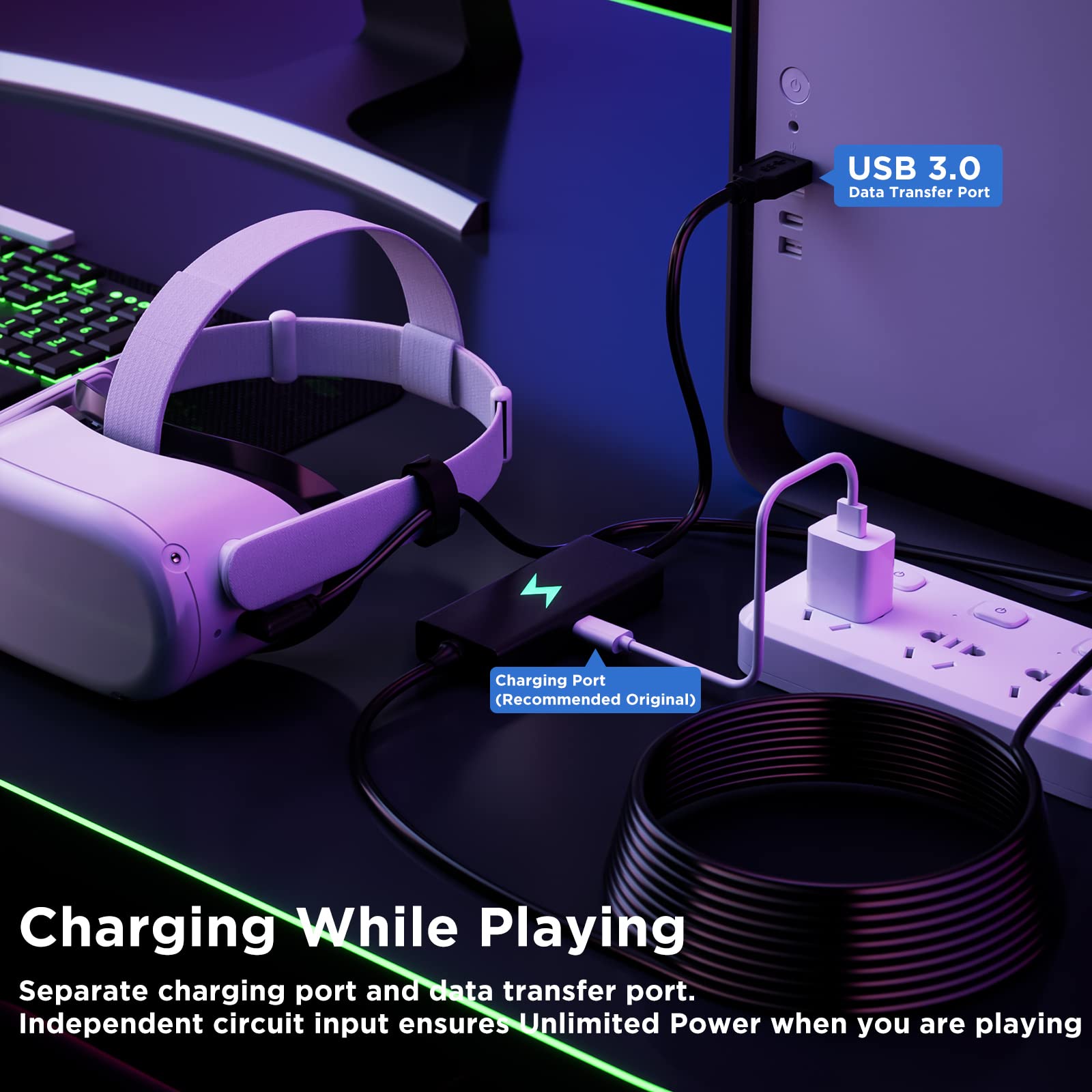 QWOS Link Cable 16FT for Oculus Quest 2, with Separate Charging Port for Unlimited Playtime, USB 3.2 Gen 1 High Speed Data Transfer, VR Headset Cable Accessories for PC/Steam VR