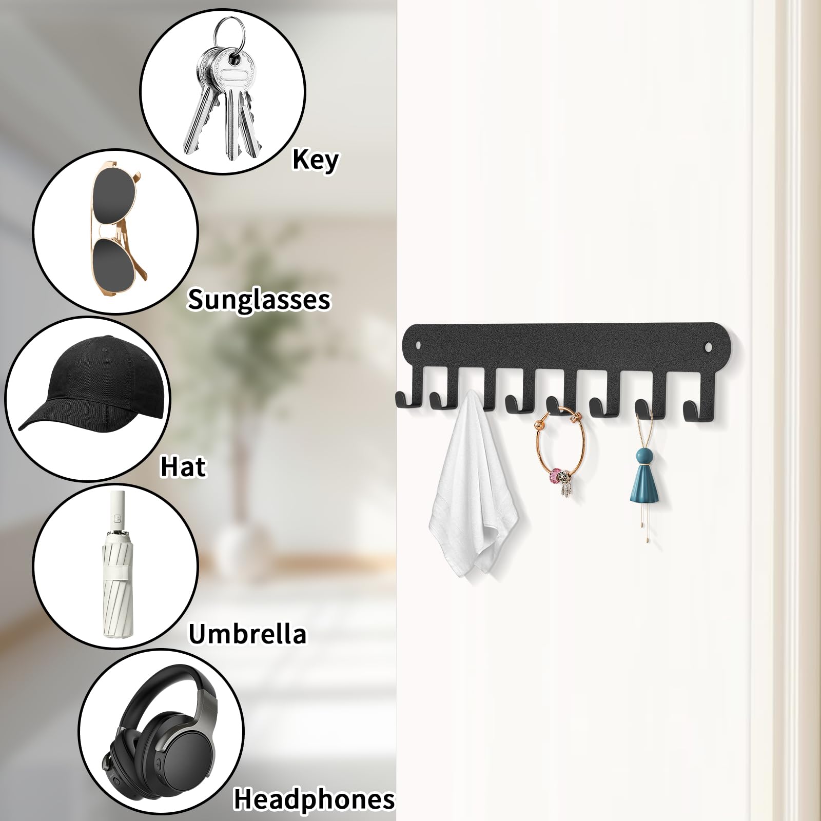 Suzurana 2 Pack Wall Mount Key Holder, Key Hanger Wall Mount with 8 Hooks, Adhesive Key Holder for Wall, Decorative Black Key Holder for Wall No Drill for Living Room, Kitchen, Bathroom