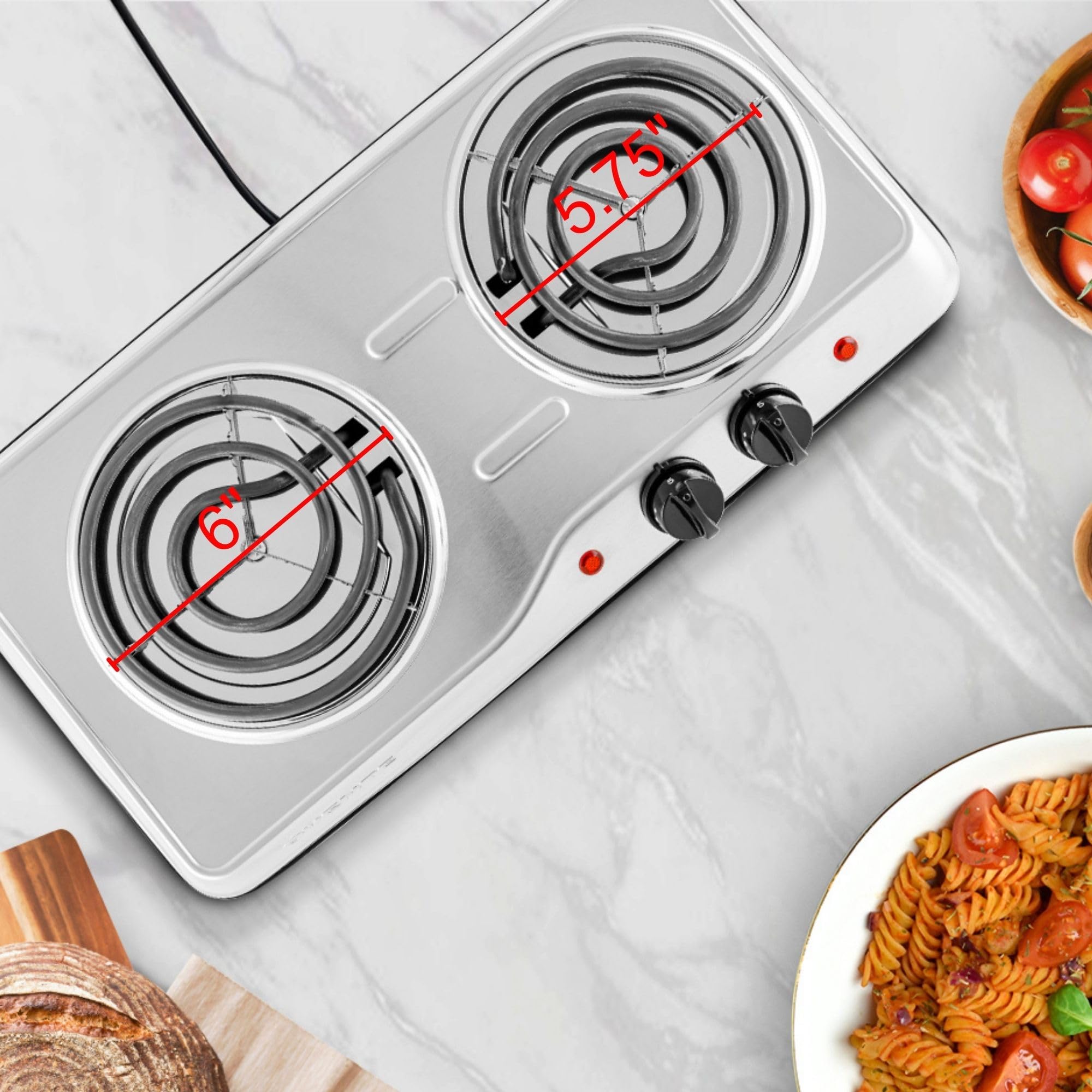 OVENTE Electric Countertop Double Burner, 1700W Cooktop with 6" and 5.75" Stainless Steel Coil Hot Plates, 5 Level Temperature Control, Indicator Lights and Easy to Clean Cooking Stove, Silver BGC102S