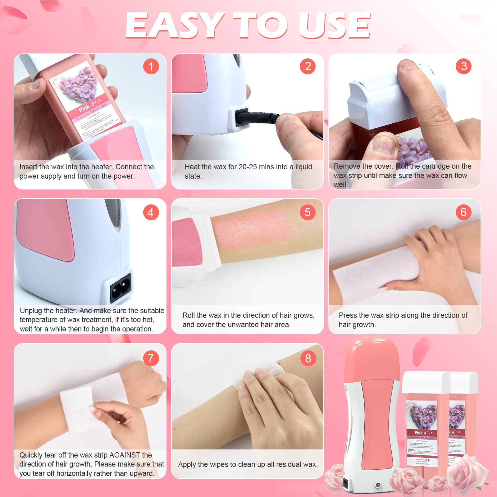 Seopri Waxing Kit for Women, Hair Removal Roll-on Wax with 2 Rose Soft Cartridges, 100 Strips, 10 Wipes
