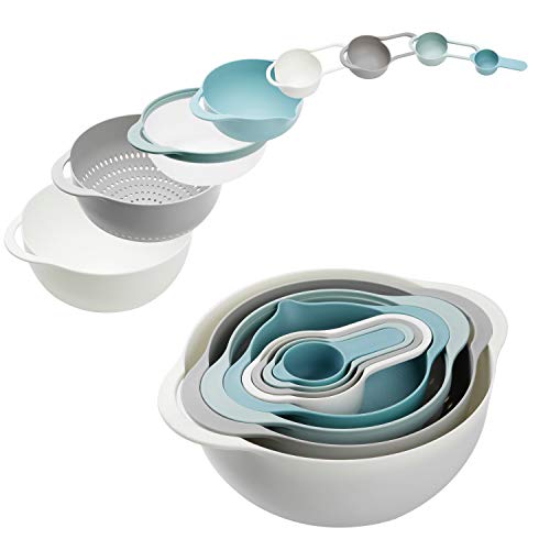 Plastic Mixing Bowls - Multicolored, Set of 8, Nest for Easy Storage, inculding Measuring Cups, Colander, Sifter, Large Bowl, Great for Cooking and Baking, Rv Camping Accessories, BPA Free