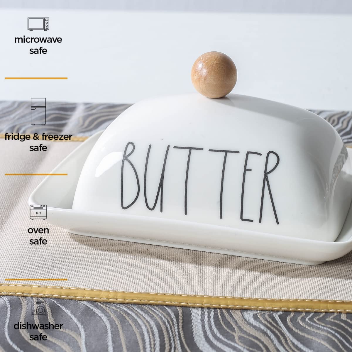 oskas Farmhouse Decorative Kitchen Countertop Porcelain Butter & Cream Cheese Dish with Lid,Butter Keeper with Cover for East West Coast Butter,White