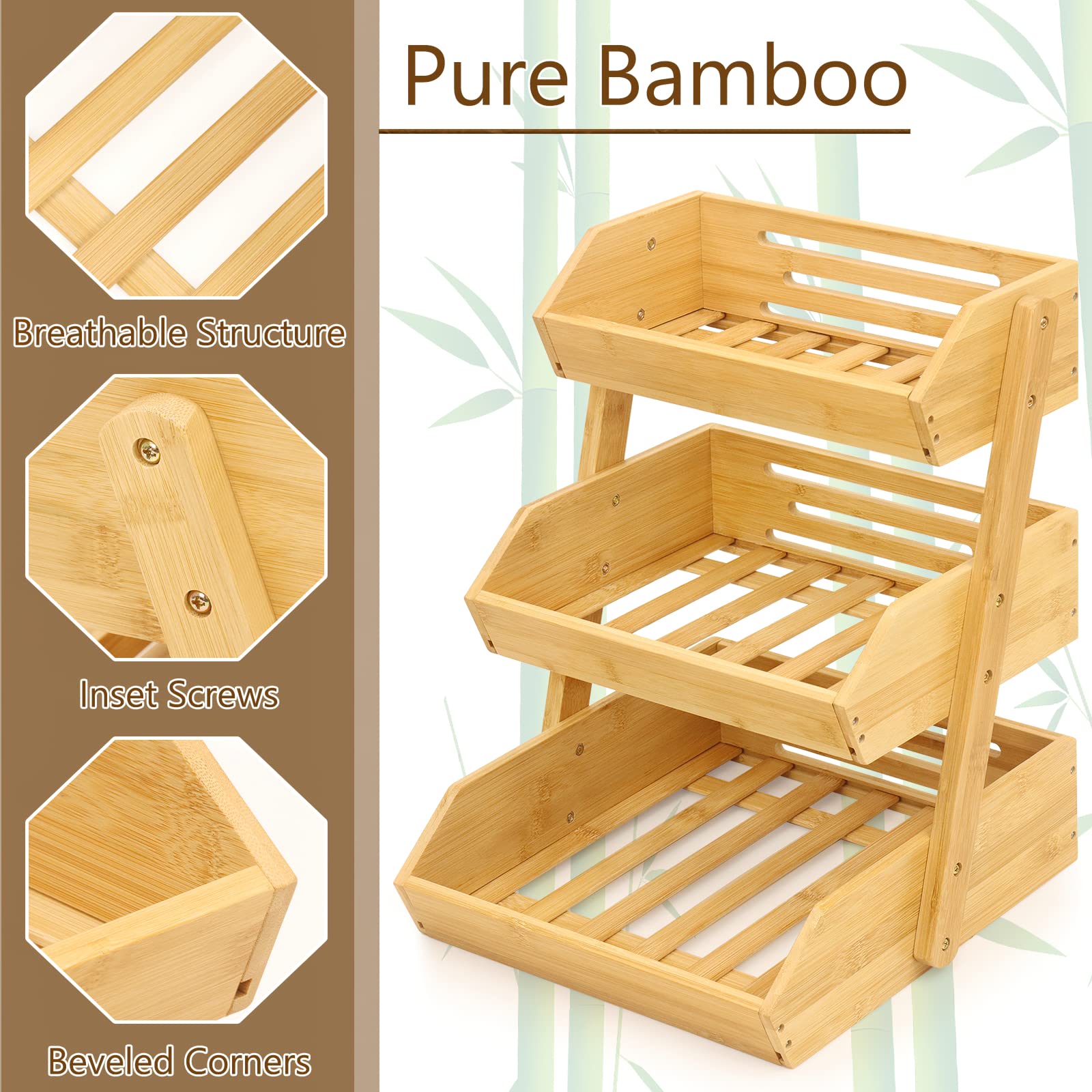 Mxbamhyc Bamboo Fruit Basket,3-Tier Fruit Bowl for Kitchen Counter, Large Capacity Vegetable Storage Holder,15 mm Thickness