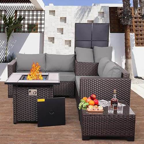 WAROOM 5 Pieces Patio Furniture Set PE Wicker Outdoor Brown Rattan Sectional Sofa Loveseat Couch Conversation Chair with Storage Bin Coffee Table and Propane Fire Pit, Anti-Slip Grey Cushion