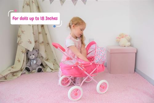 KOOKAMUNGA KIDS Baby Doll Stroller - Realistic 2 in 1 Baby Stroller for Dolls w/Detachable Bassinet β Toy Pram w/Carry Cot, Retractable Canopy & Soft Grip Handle - for Dolls up to 18" - Pink