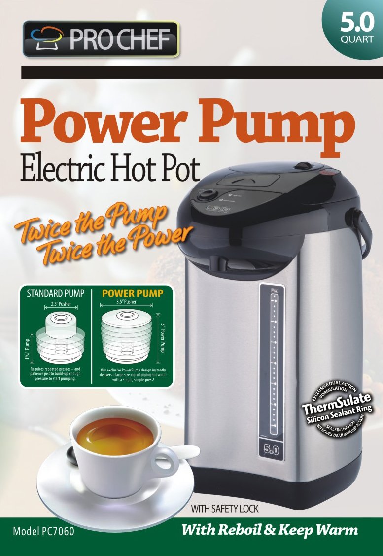 ProChef, 5, M PC7060 Electric Hot Urn, Stainless Steel, Quart, Double Power Pump, Water, Safety Lock, Reboil and Keep Warm Options, Manual Dispenser