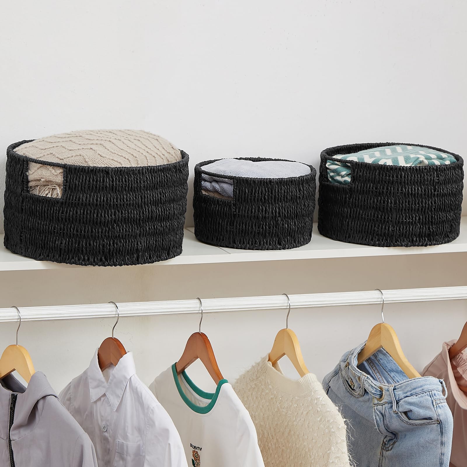 Vagusicc Wicker Storage Basket, Hand-Woven Paper Rope Large Round Woven Basket With Handles, Wicker Baskets for Organizing/Storage, Brown, 3-Pack