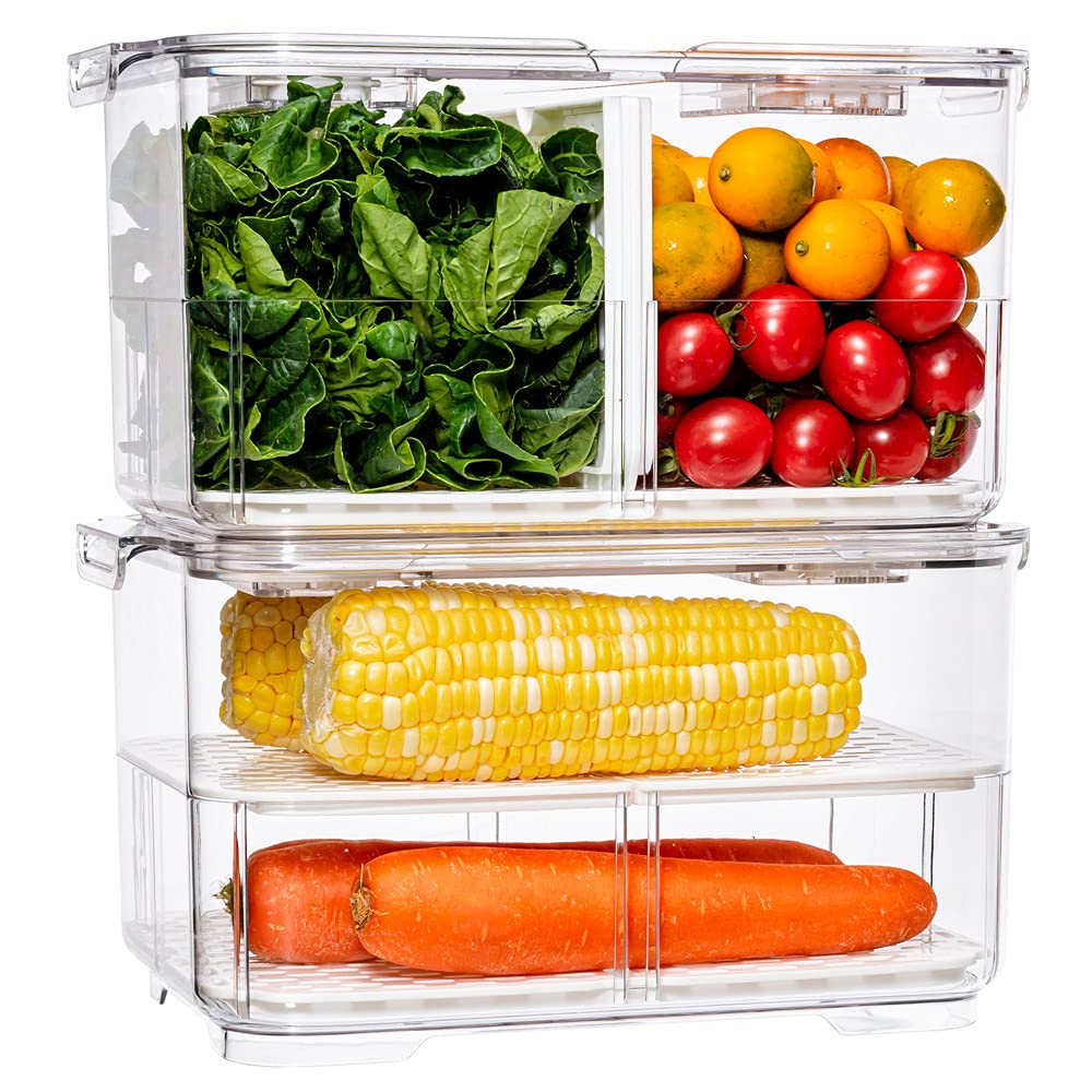SANNO Fridge Food Storage Container Storage Containers, Produce Saver with Lids and Vents,Vegetable Fruit Storage Containers Stackable Salad Lettuce Keeper for Refrigerator,set of 2