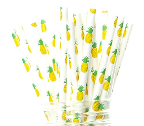 Pineapple Straws (25 Pack) - Beach Party Supplies, Summer Fruit Paper Straws, Tropical Pool Party Decorations, Straws with Pineapples, Picnics, BBQs