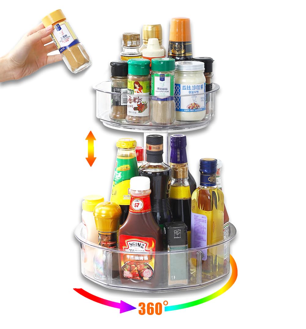MOXOXKY 2 Tier Lazy Susan Organizer,11.5+9.2 inch Clear 360°Turntable Organizer, Lazy Susan Skin Care Organizer,Spice Rack Organizer for Cabinet for Kitchen, Pantry, Refrigerator, Table