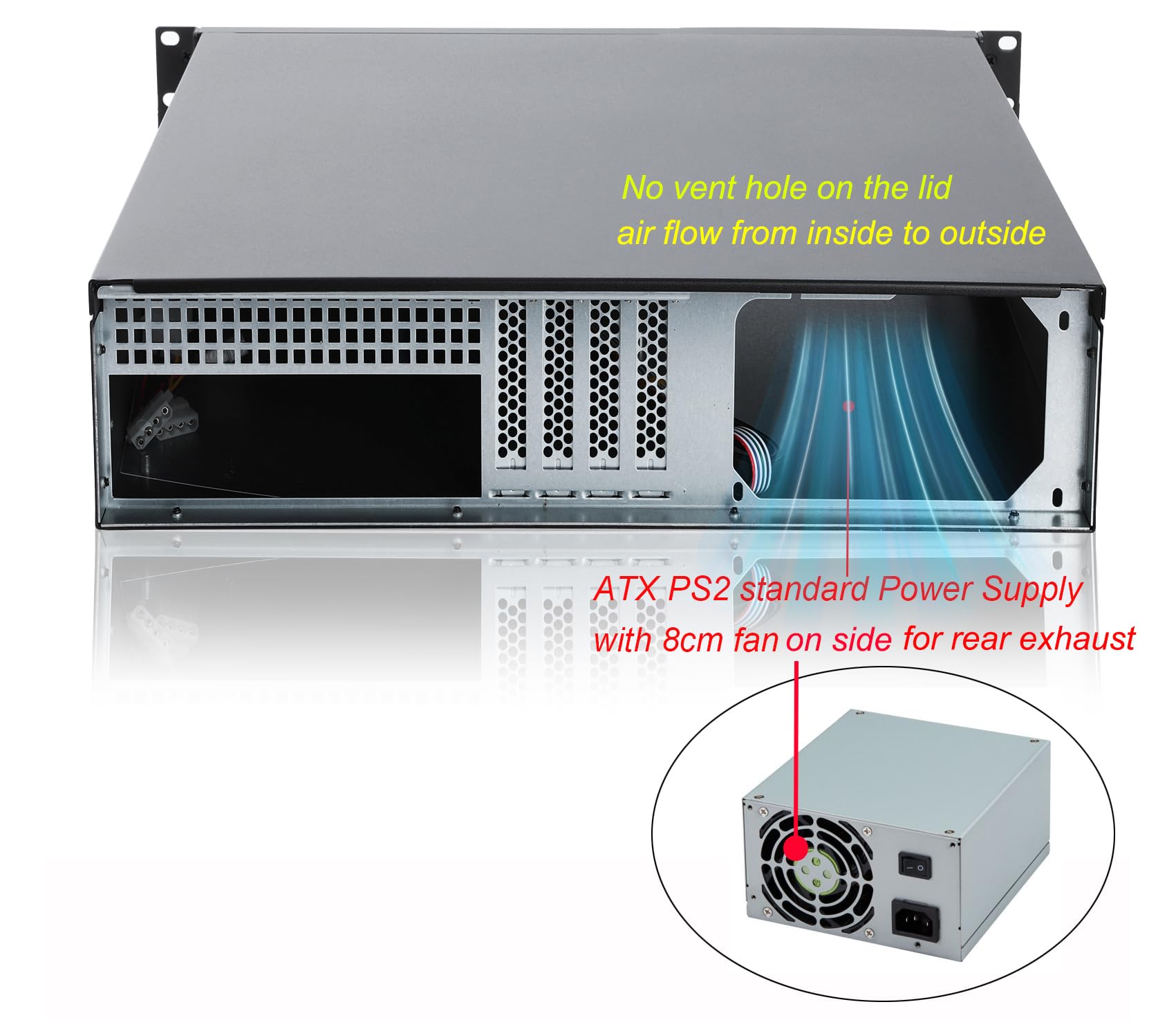 RackChoice 2U Micro ATX Compact Rackmount 2 x 5.25 Chassis Support ATX PC PS2 PSU with Side 80mm Fan
